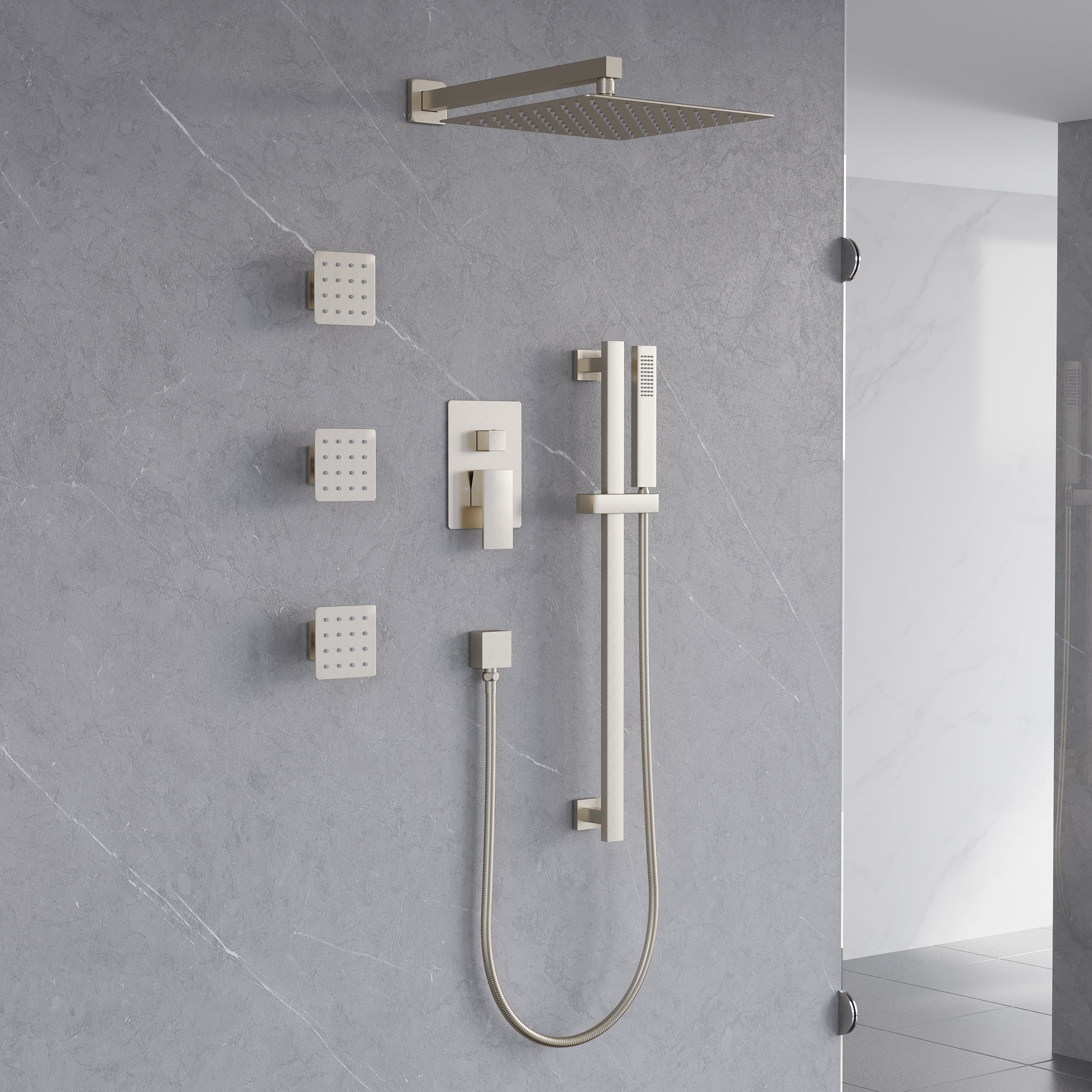 3-Function 12-Inch Square Shower System with Rain Head, Sliding Bar ...