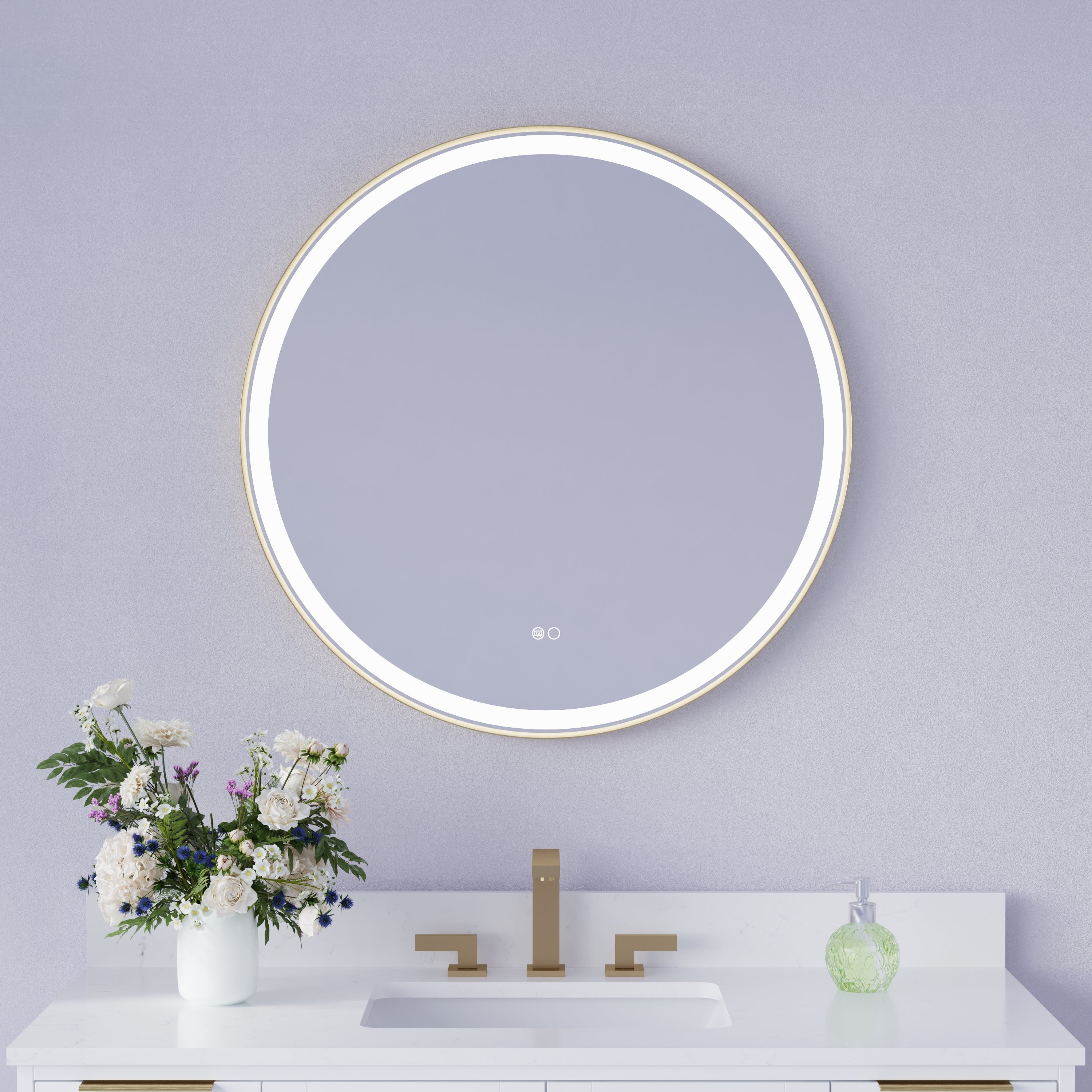 32 in. W x 32 in. H Brushed Gold Framed Round LED Light Bathroom Vanit ...
