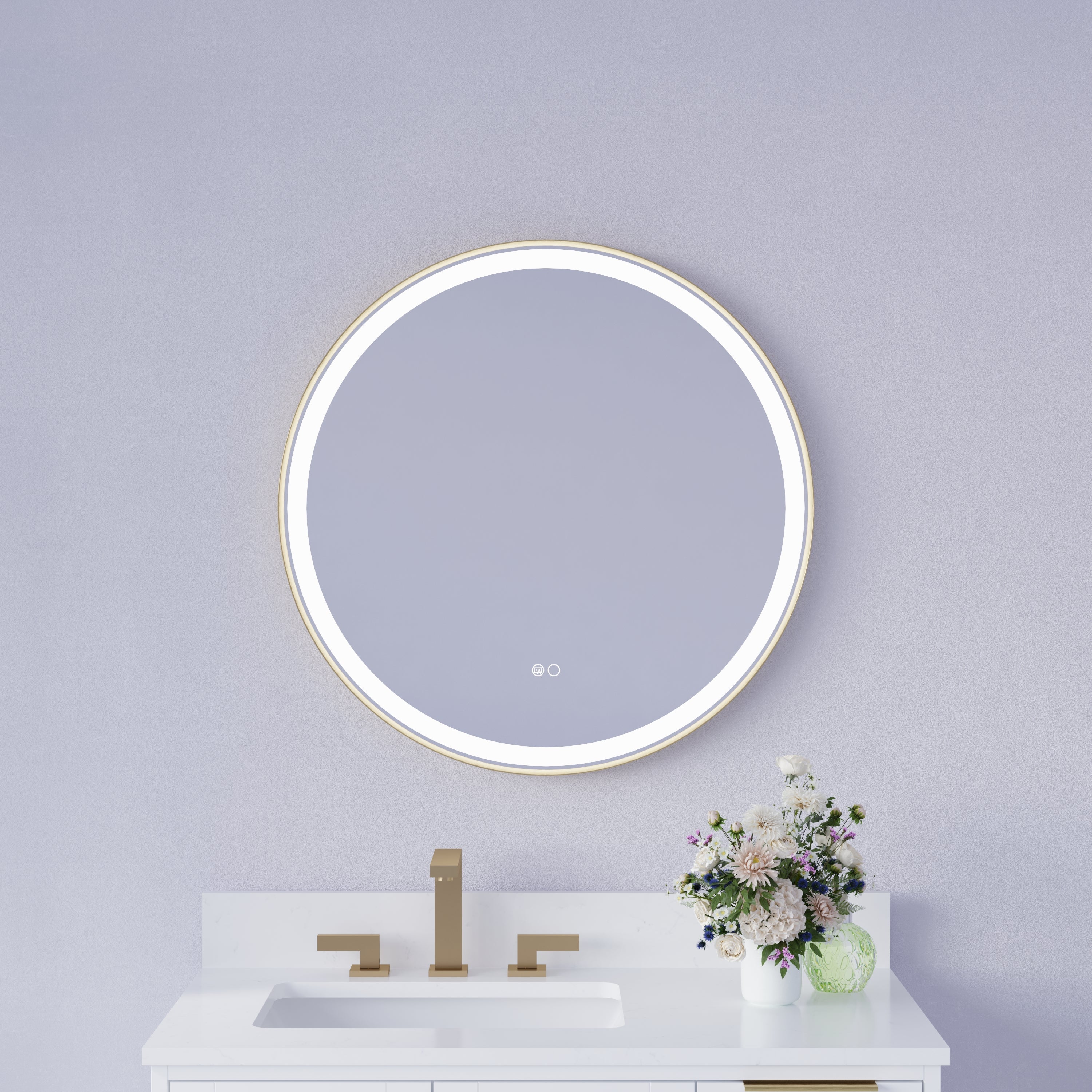 28 in. W x 28 in. H Brushed Gold Framed Round LED Light Bathroom Vanit ...