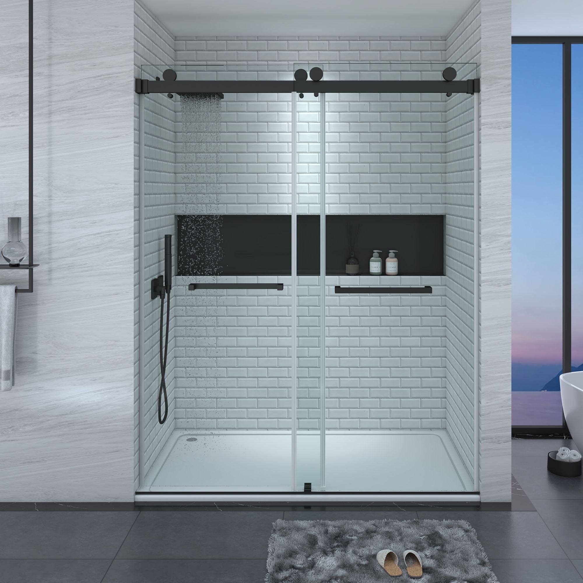 56 in to 60 in W x 76 in H. Trackless Double Sliding Shower Door ...